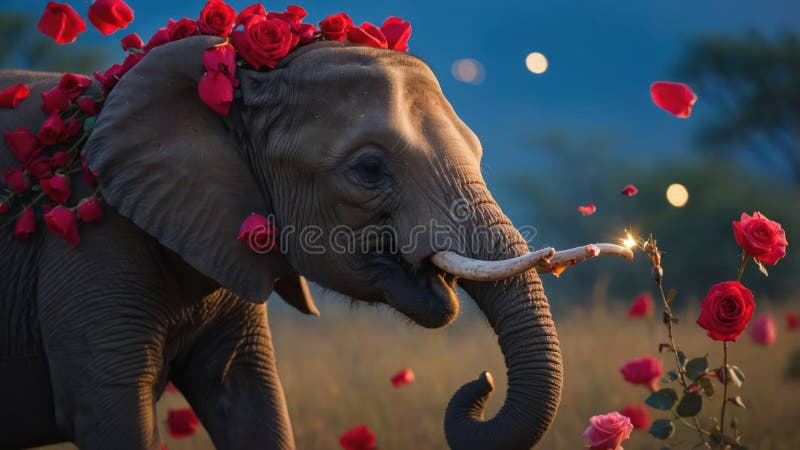 Adorable Baby Elephant Adorned with Red Roses Stock Illustration ...