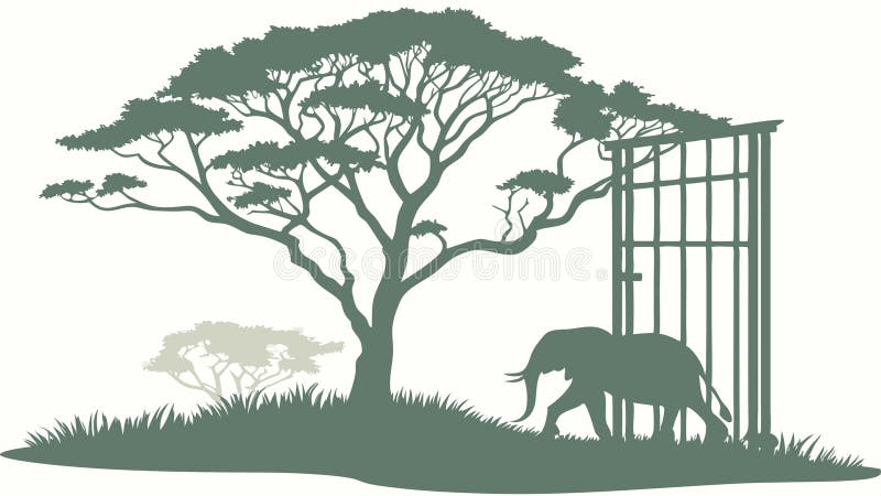 Elephant Behind Iron Gate. Wildlife Flat Vector Scene, Vector Design ...