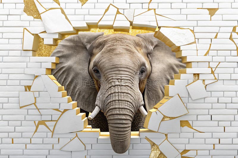 Elephant Breaking through Wall with Yellow Bricks Background Stock ...