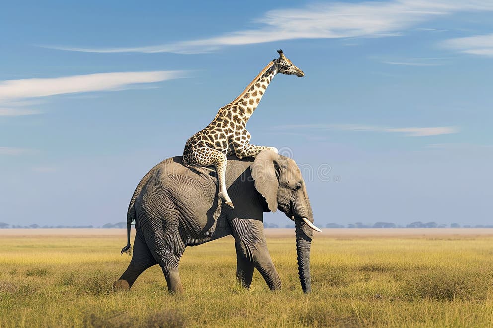 Elephant Carrying Giraffe on His Back, AI Generated Stock Illustration ...