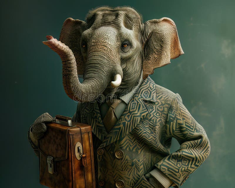 An Elephant in a Classy Outfit Holding a Briefcase with Its Trunk ...