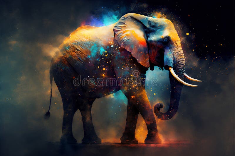 Elephant with Colorful Fire Effect on Black Background. Digital Collage ...