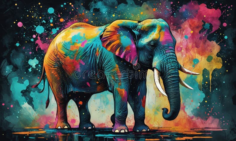 Elephant with Colorful Paint Splats Stock Illustration - Illustration ...
