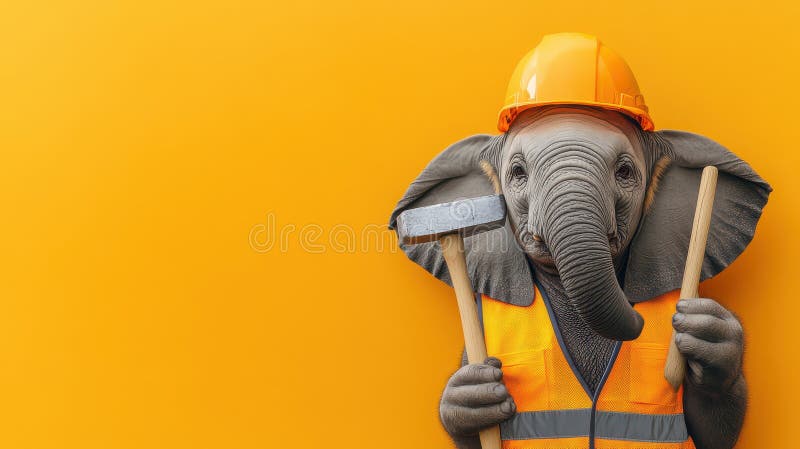 Elephant Construction Worker with Tools on Yellow Background Stock ...