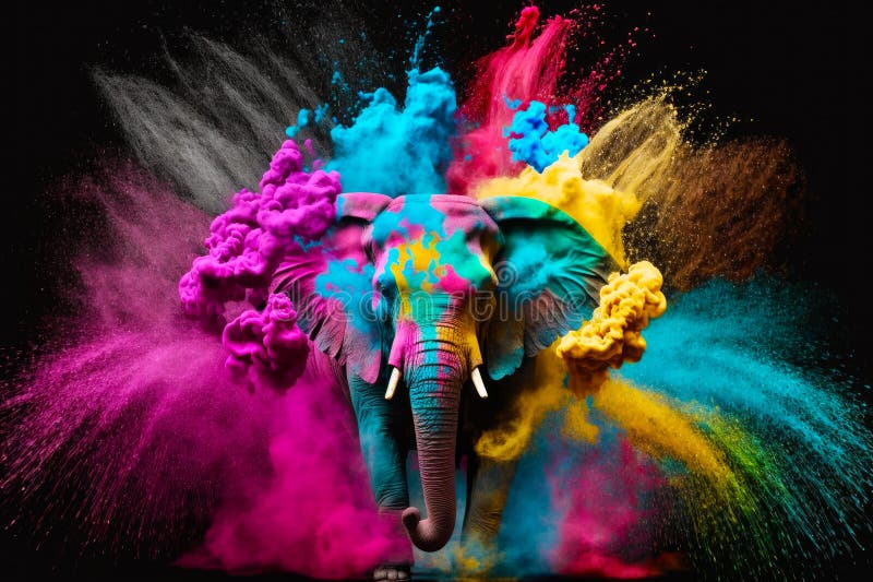 Elephant is Covered in Colored Powder while it Stands in Front of Black ...