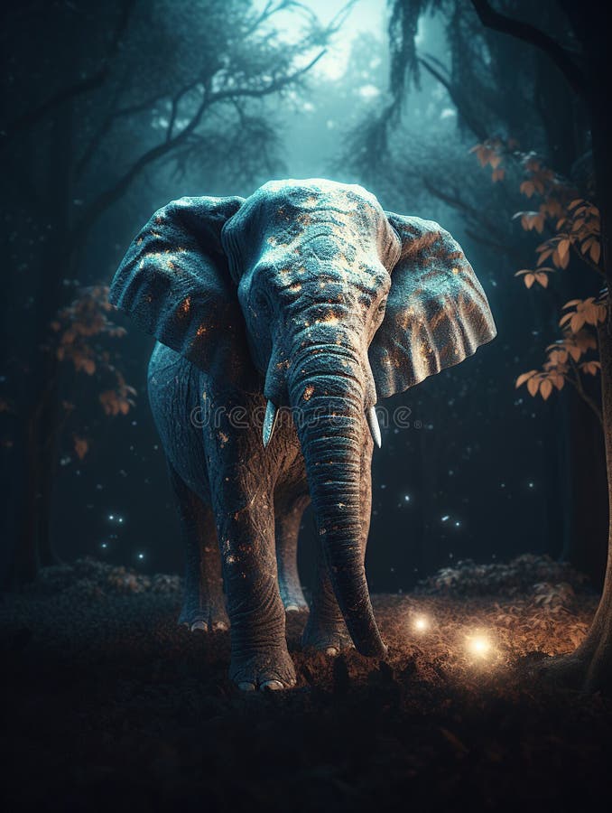 Elephant in a Dark Ominous Forest in Night, Magic Glow and Shine ...