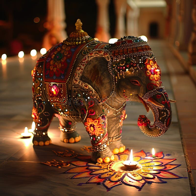 Elephant Decorated with Diwali Lights and Rangoli Patterns for Diwali ...