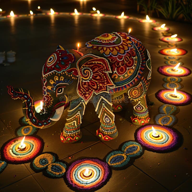 Elephant Decorated with Diwali Lights and Rangoli Patterns for Diwali ...