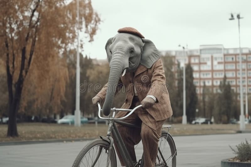An Elephant Dressed in Clothes Rides a Bycicle Stock Image - Image of ...