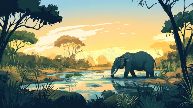 Elephant Drinking in African River Illustration Stock Illustration ...