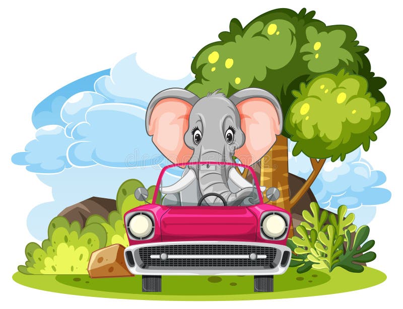 A Elephant Driving a Pink Car Outdoors Stock Vector - Illustration of ...