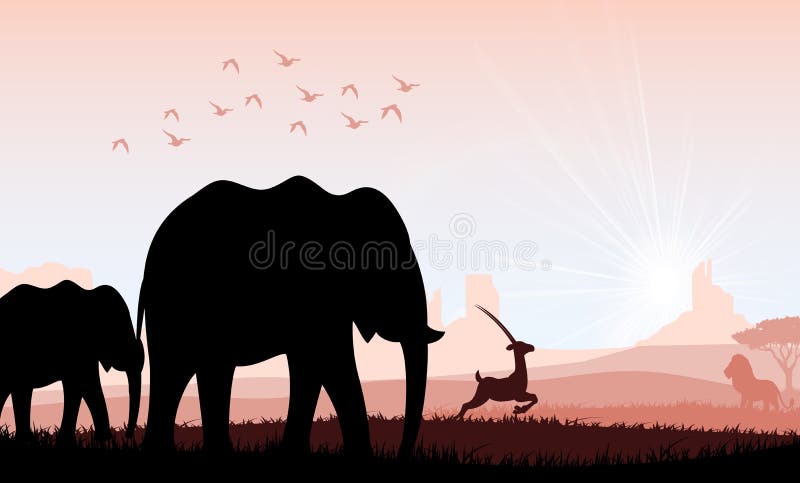 Elephant Family with Deer and Birds Stock Vector - Illustration of ...