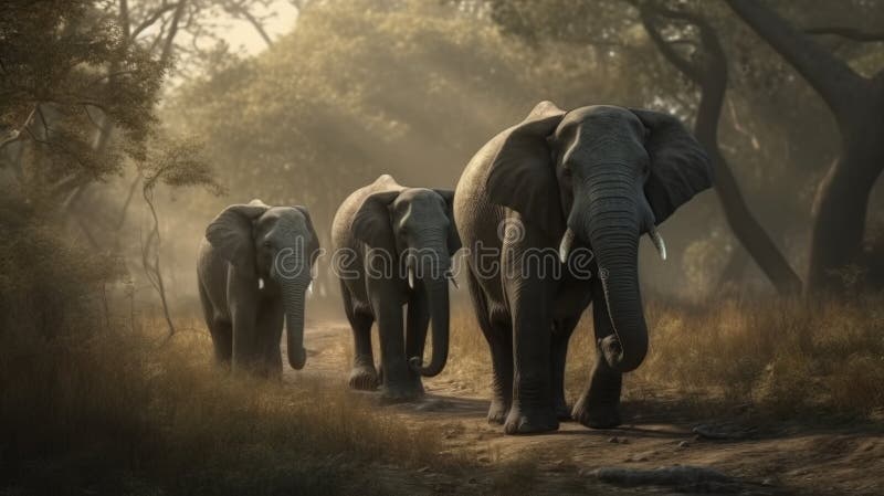 Elephant Family Walking Together in the Forest. Generative AI Stock ...