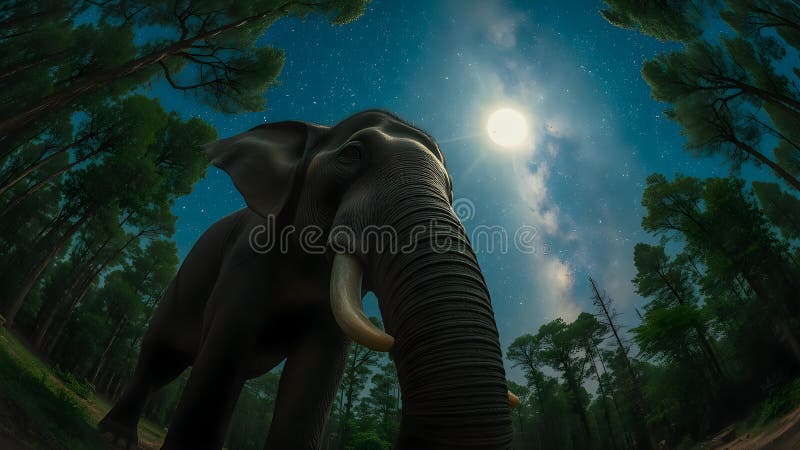 Elephant in the Forest at Night with Full Moon. Stock Image - Image of ...