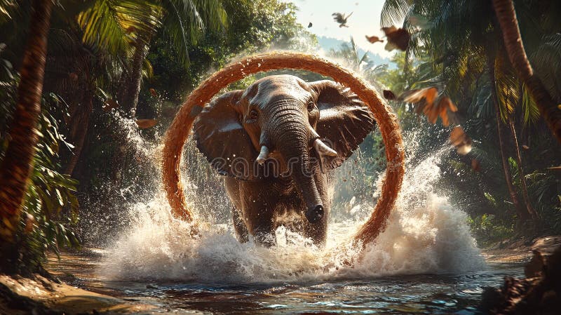 Elephant in Giant Ring, Splashing, Palm Trees. Stock Photo - Image of ...