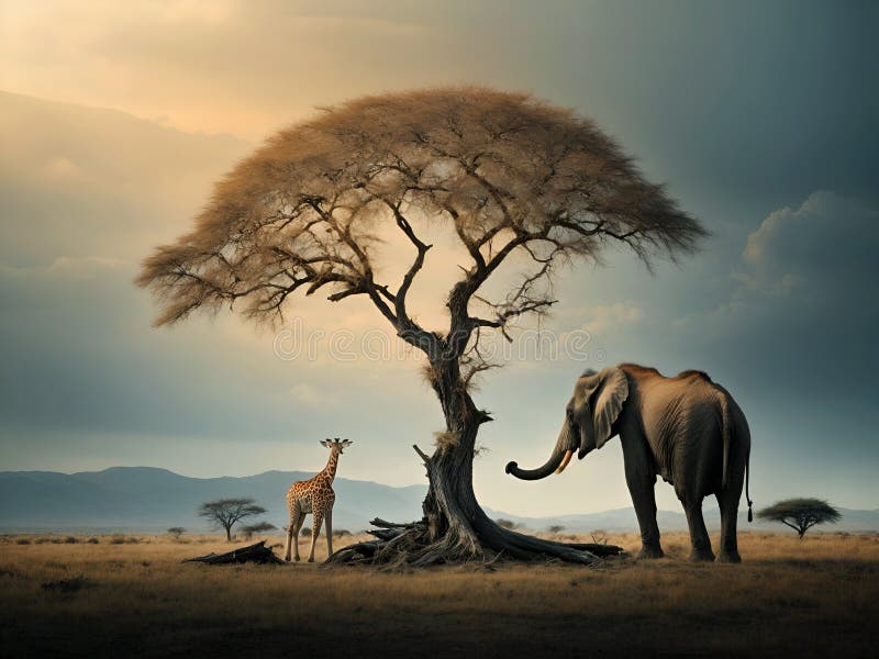 Elephant, Giraffe, and Deer on the Grassland Stock Illustration ...