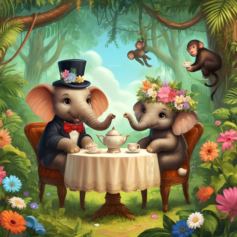 Elephant Sitting in the Table Drinking the Tea on the Forest with the ...