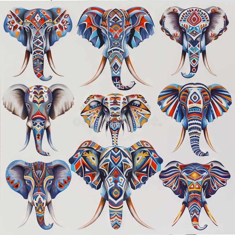 Elephant Heads with Colorful Tribal Designs in a Layout Pattern. Stock ...