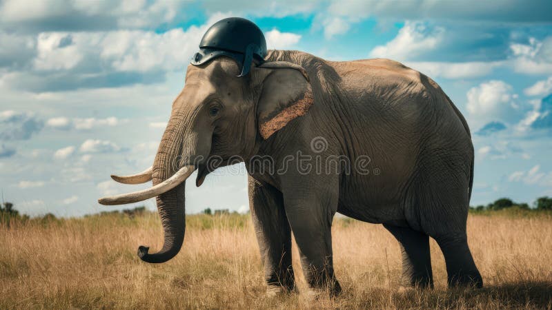 An Elephant with a Helmet on Its Head in the Grass, AI Stock Image ...
