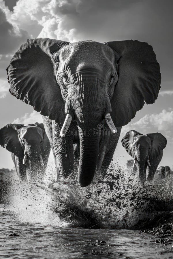 Elephant Herd Running through Water in Black and White Stock Photo ...