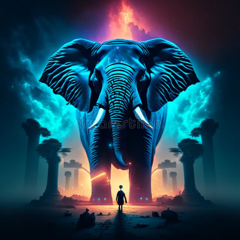 Elephant with a Human Figure in the Background. 3d Rendering Generative ...