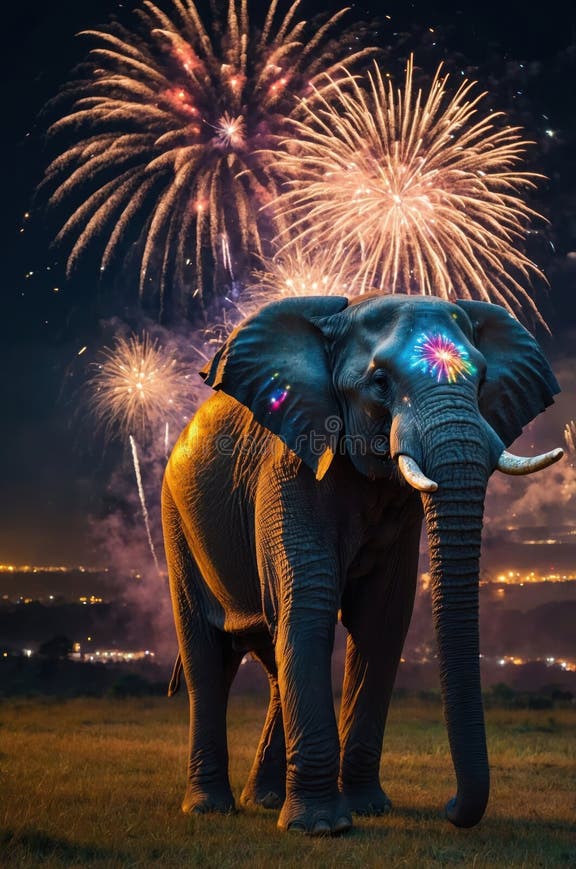 Majestic Elephant Silhouetted Against Vibrant Fireworks Display Stock ...