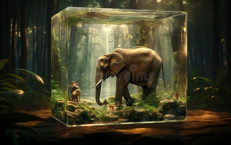 An Elephant Inside a Glass Cube, Created in a Surreal Style, Generative ...