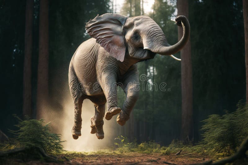 Elephant is Jumping in the Air in Front of Group of Trees. Generative ...
