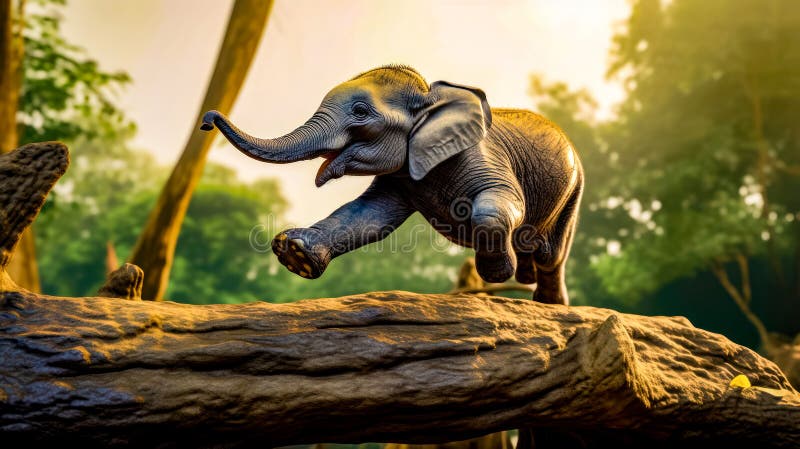 Elephant is Jumping Over Log in Zoo Like Setting with Trees in the ...