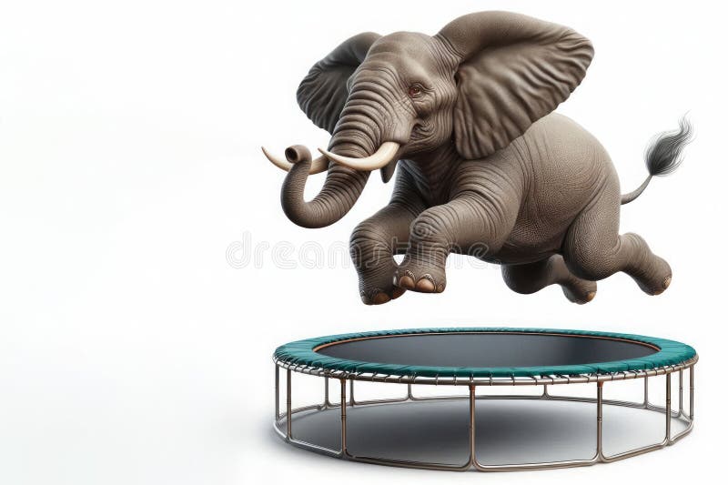 An Elephant Jumps on a Trampoline. Space for Text. Stock Image - Image ...