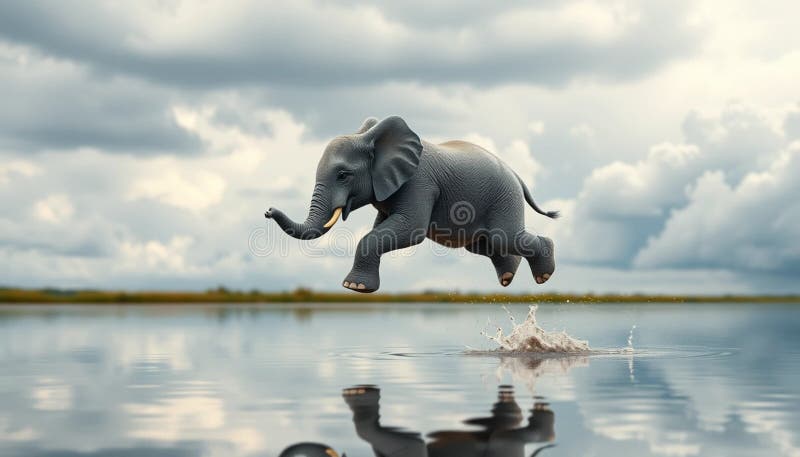 Elephant Leaping Over Water with Splash Under Cloudy Sky Stock ...