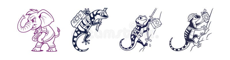 Elephant and Lizard Character Collection, Vector Illustration Stock ...