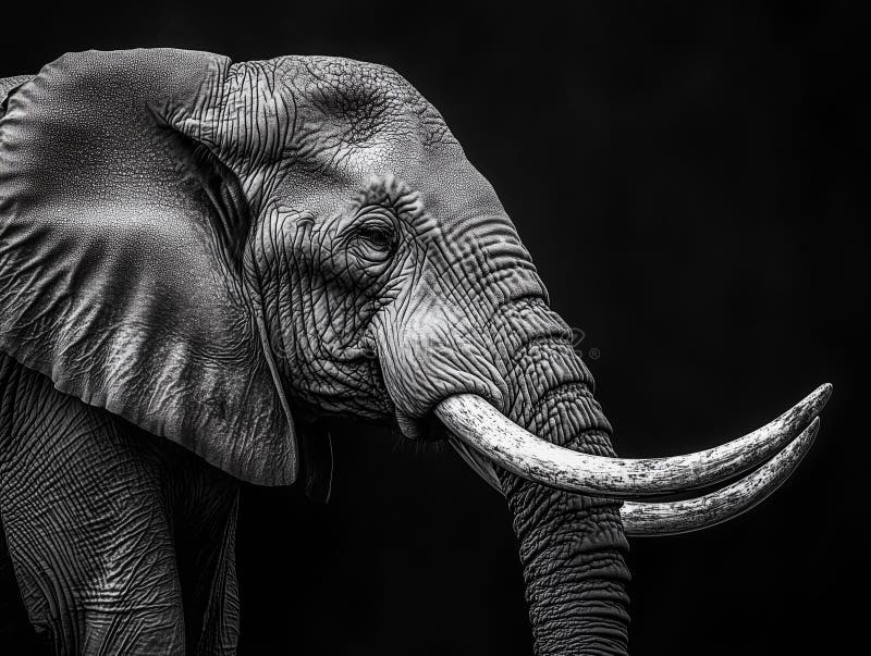 An Elephant with Long, Curved Tusks Against a Solid Black Background ...