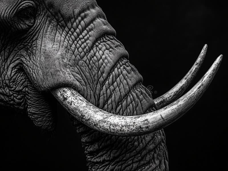 An Elephant with Long, Curved Tusks Against a Solid Black Background ...