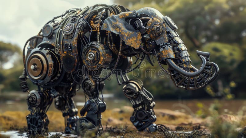 An Elephant Made of Metal Parts Standing in a Field, AI Stock Image ...