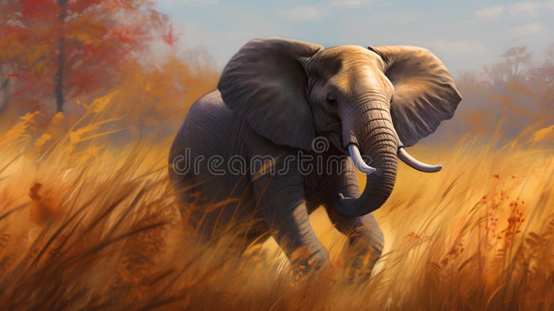 Elephant in the Meadow in Autumn, 3d Render. Stock Illustration ...