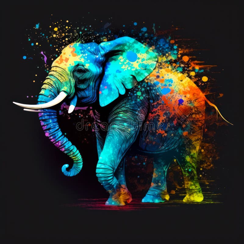 An Elephant Painted in Colorful Splashes on Black Background ...