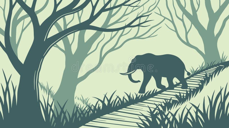 Elephant on Path in Serene Forest, Flat Vector Illustration, Vector ...