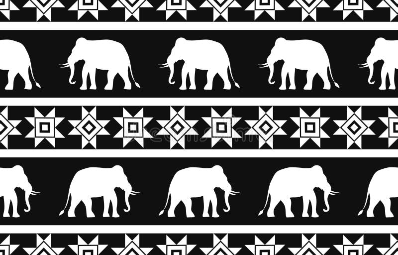 Elephant Silhouettes on Tribal Geometric Pattern with Black Background ...