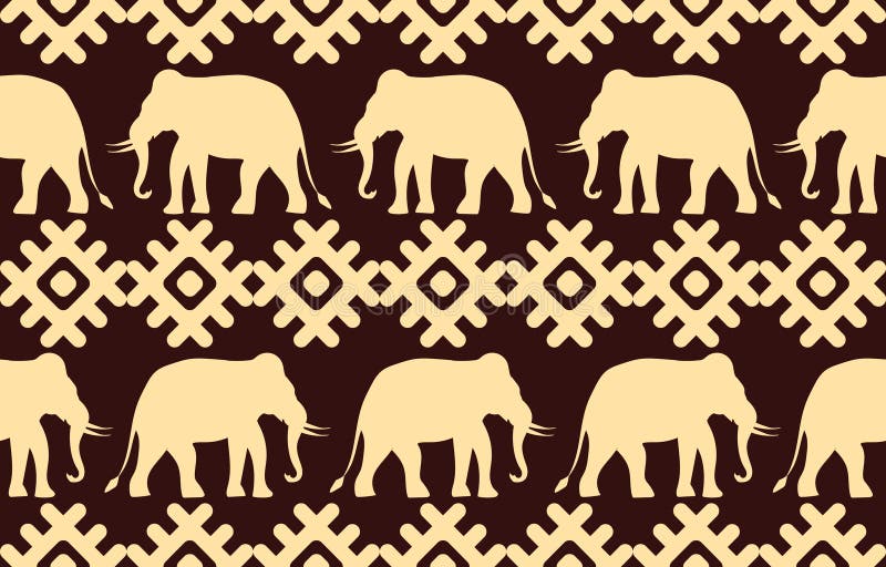 Elephant Silhouettes on Tribal Geometric Pattern with Brown Background ...