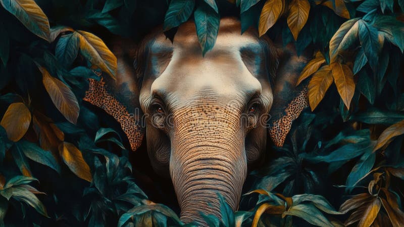 An Elephant is Peeking Out from Behind a Bunch of Leaves, AI Stock ...
