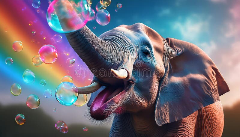 Playful Elephant Blowing Bubbles with Rainbow in Background Stock ...