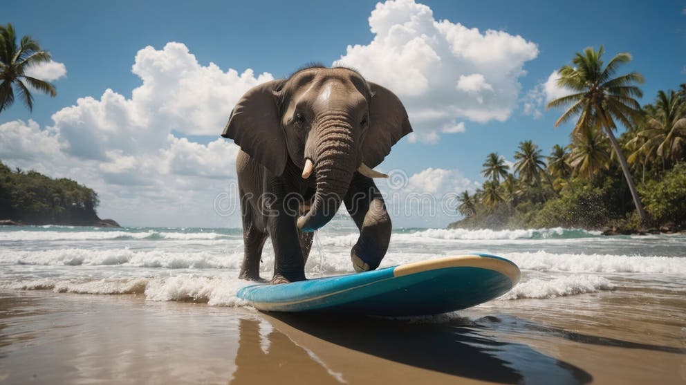 Amazing Elephant Surfing on Tropical Beach Stock Illustration ...