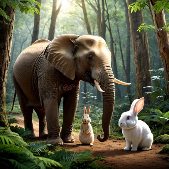 Elephant and Rabbits in the Forest. Stock Illustration - Illustration ...