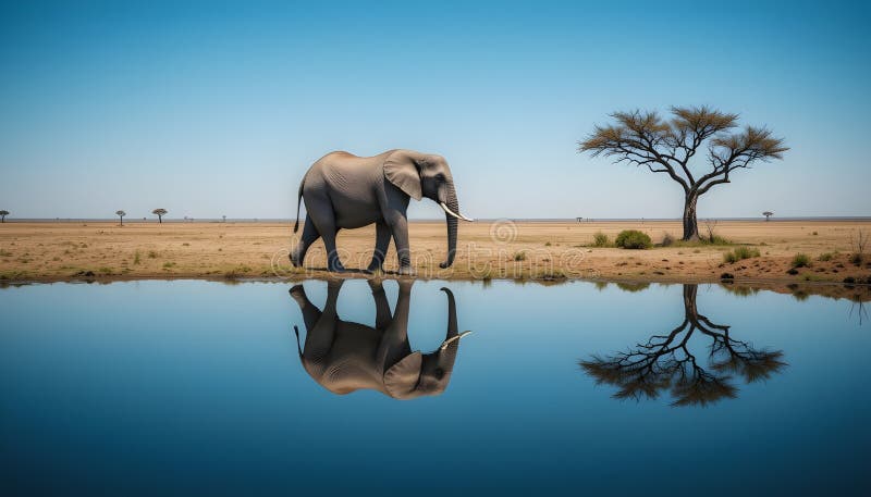 Elephant Reflected in Water on Peaceful Savannah Landscape with Acacia ...