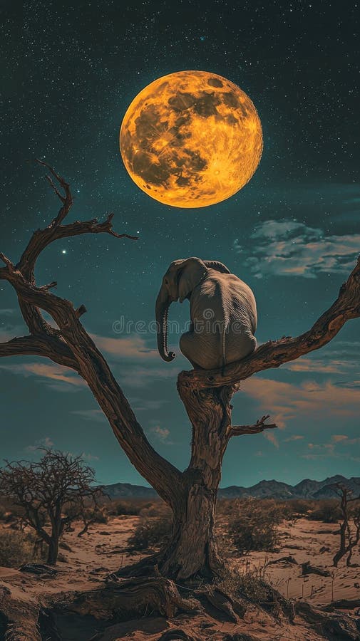 Elephant Resting on Tree Branch Under a Golden Full Moon Stock Image ...
