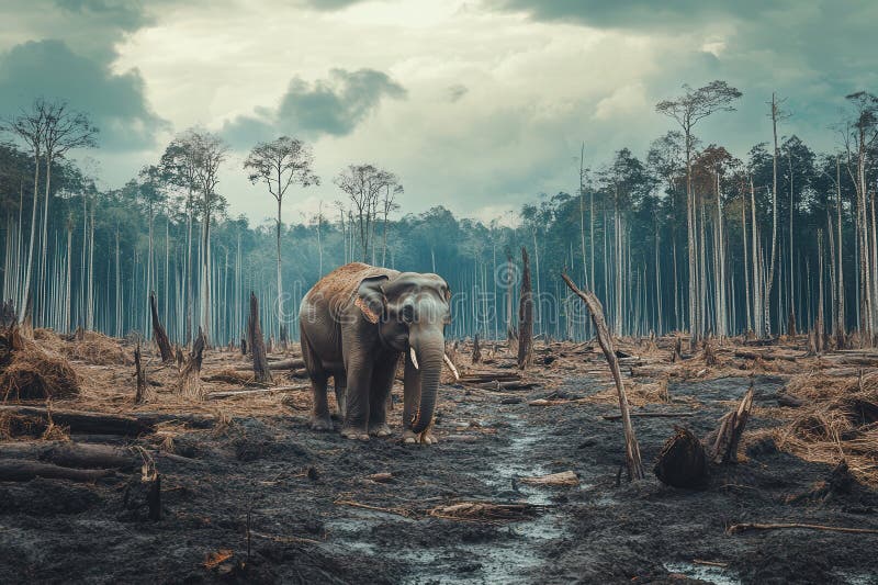 An Elephant Roams through a Devastated Forest Area, Underscoring the ...