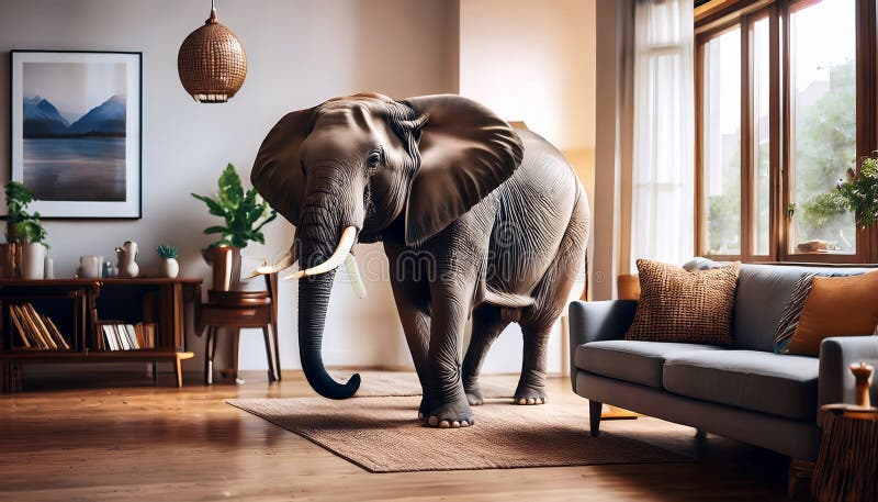 The Elephant in the Room - Huge African Elephant Standing in a Living ...