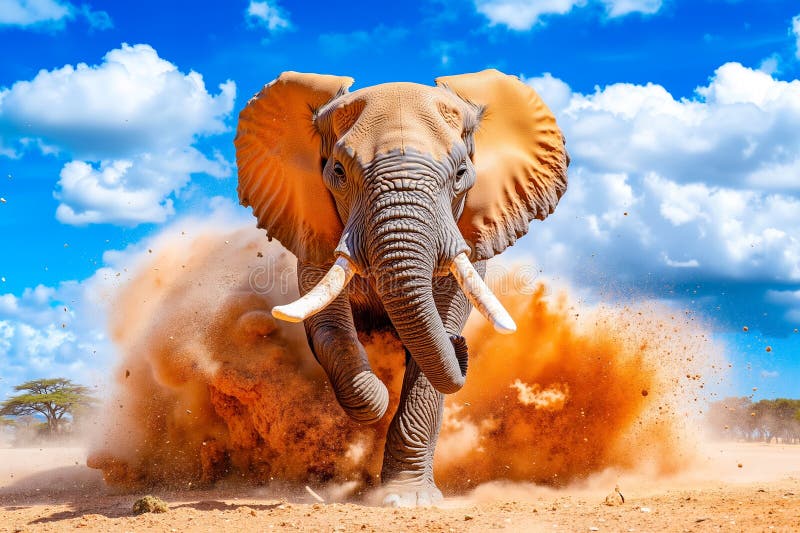 An Elephant Running through the Dust Stock Photo - Image of elephant ...