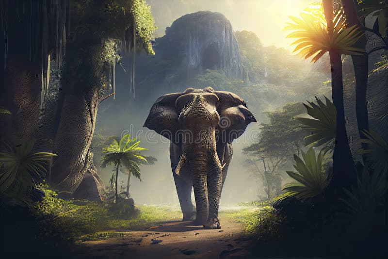 Elephant Running Out of a Tropical Forest Stock Illustration ...